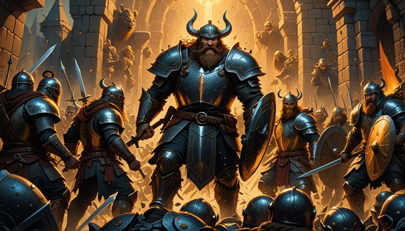 Dwarves in Shield Wall with Charging Knights in Fa... - AI Art