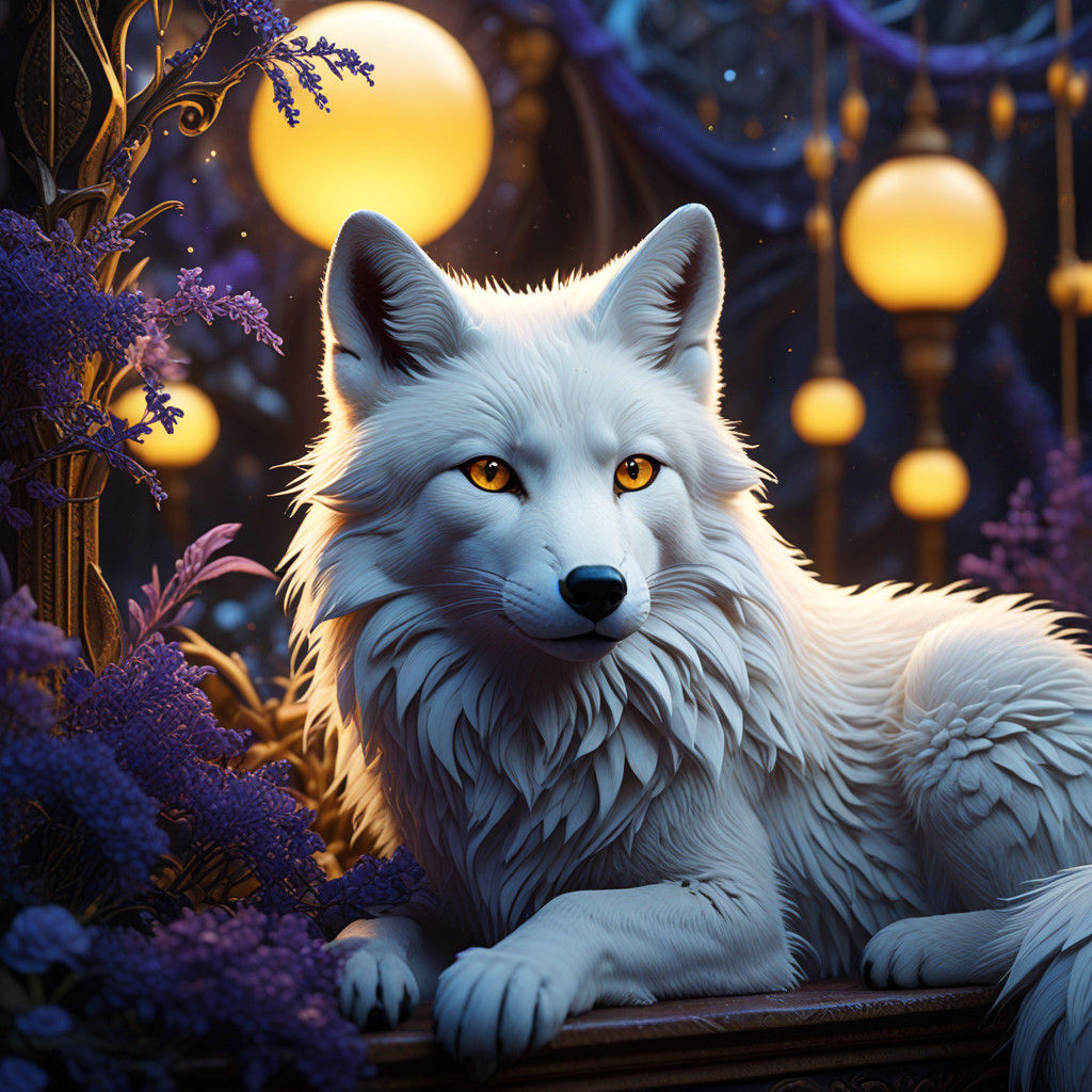 "A majestic snow-white fox standing still amidst a swirling blizzard ...
