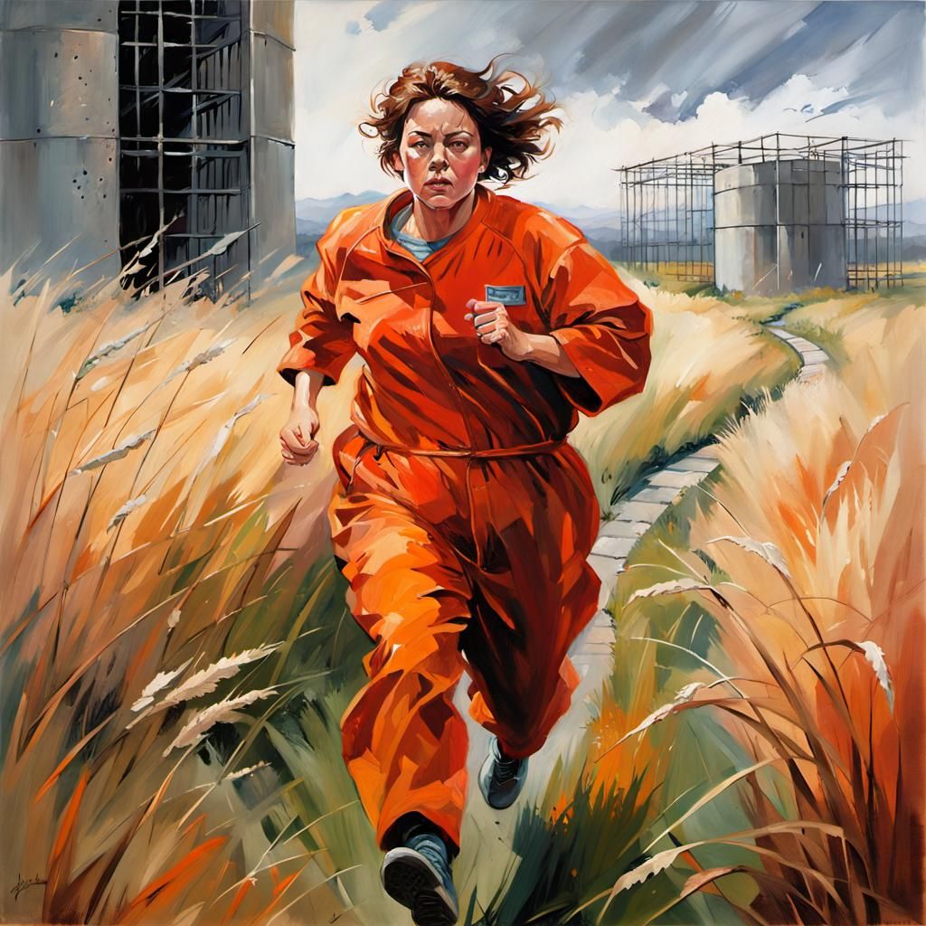 Acrylic painting of female prisoner wearing orange jumpsuit escaping ...