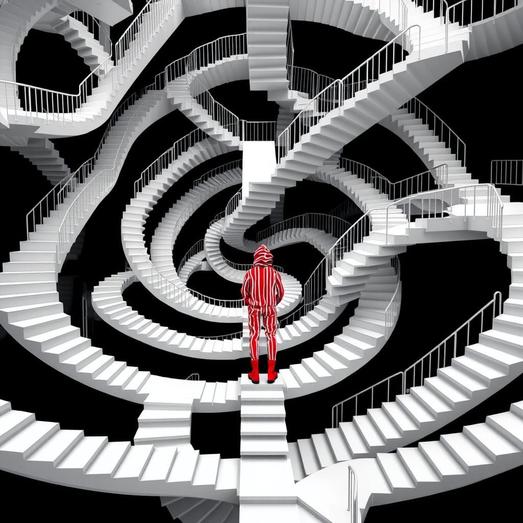 A surreal labyrinth of blank stairs and black fills the frame, creating ...