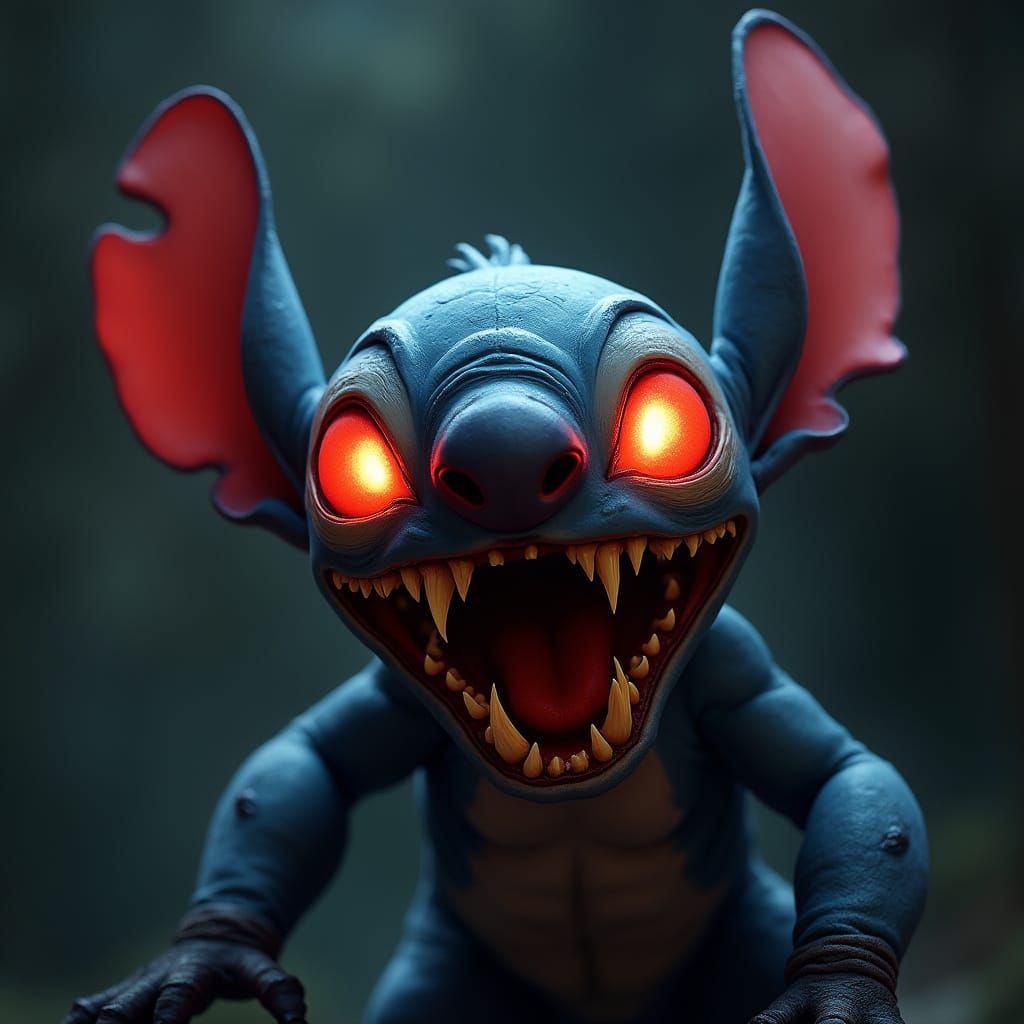 Terrifying Stitch with Fangs and Red Eyes - AI Art