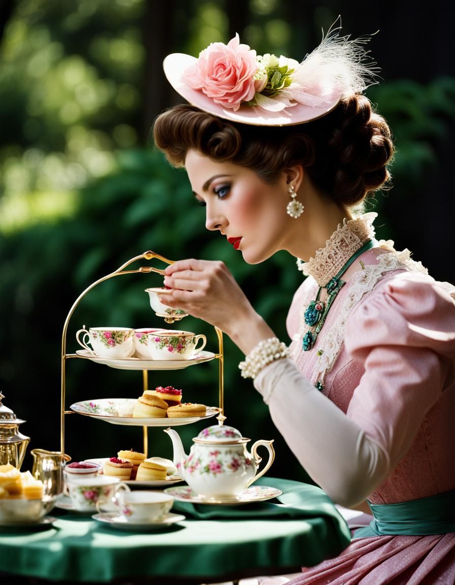 a striking photograph of a beautiful Victorian lady having high tea ...