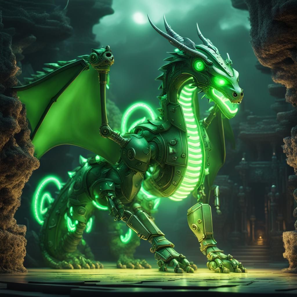 green glowing robot dragon in a fantasy setting - AI Generated Artwork ...
