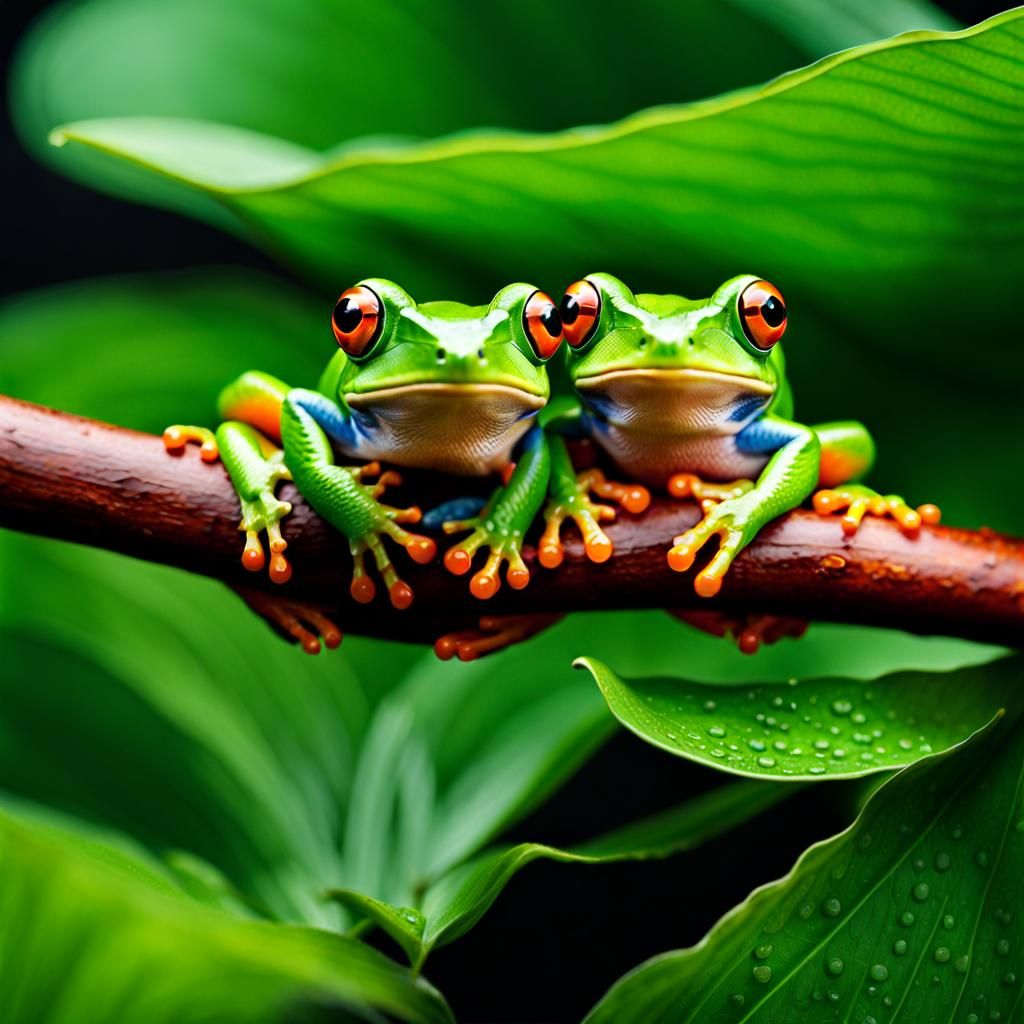 Cute Tree frogs huddle together under a Large leaf - AI Generated ...