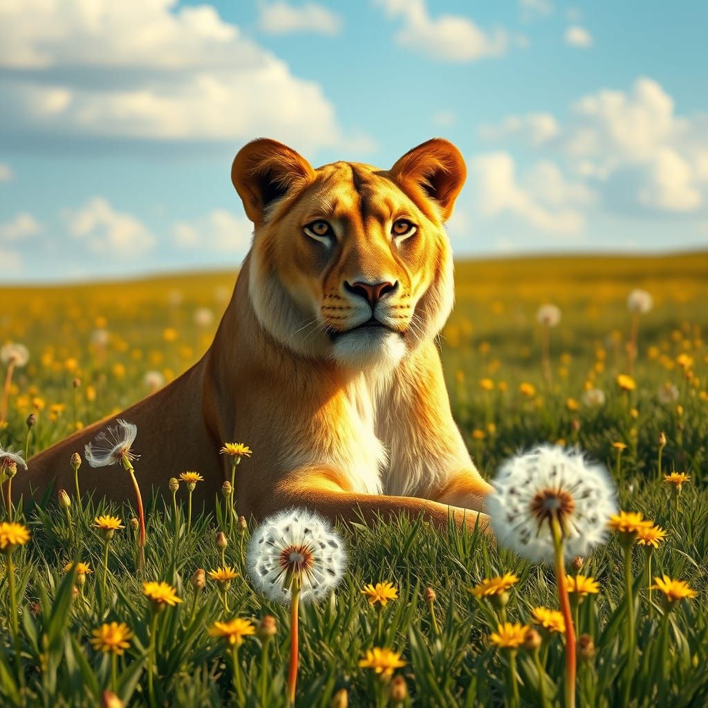 Majestic Lioness Amidst Vibrant Prairie and Dandel... - AI Art