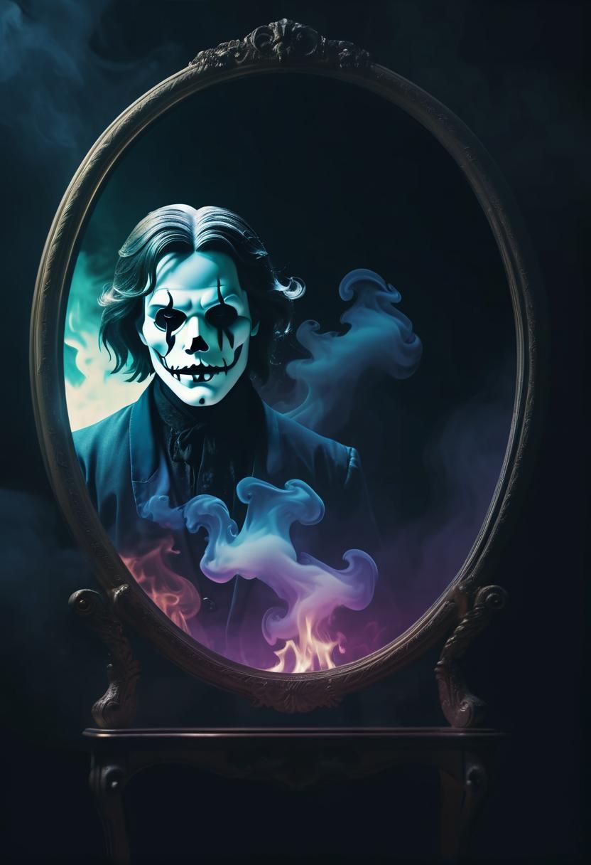 a magic mirror create by smoke where one can see a scary white face ...