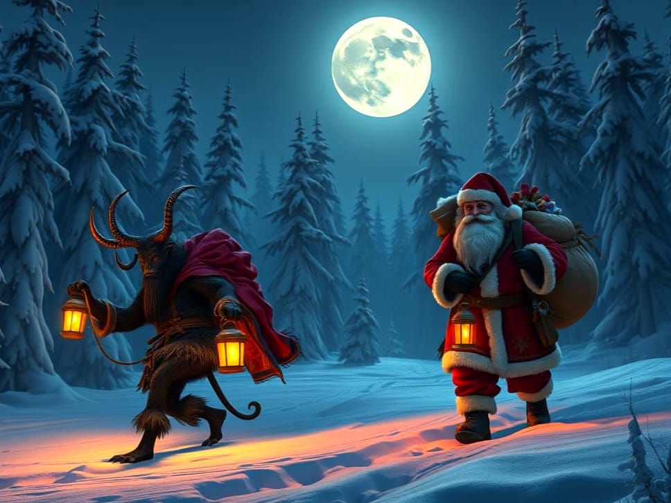 Krampus and Santa Claus on their Nocturnal Way