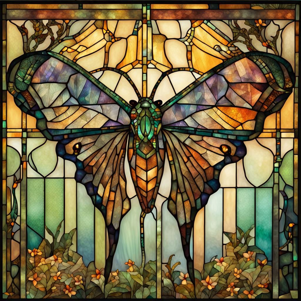 spooky beautify moth, stained glass art, geometric, vibrant, by Louis ...