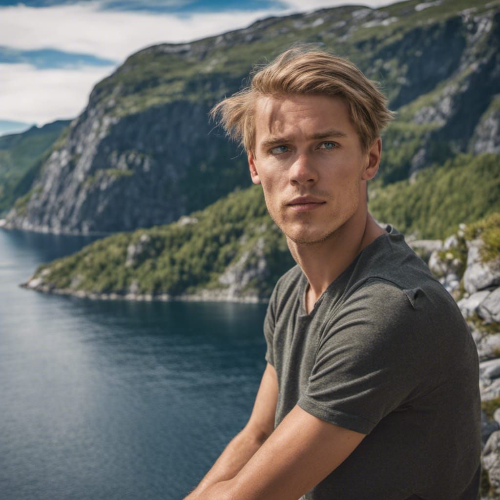 Norwegian young man near a fjord 8k resolution HDR sharp focus depth of ...