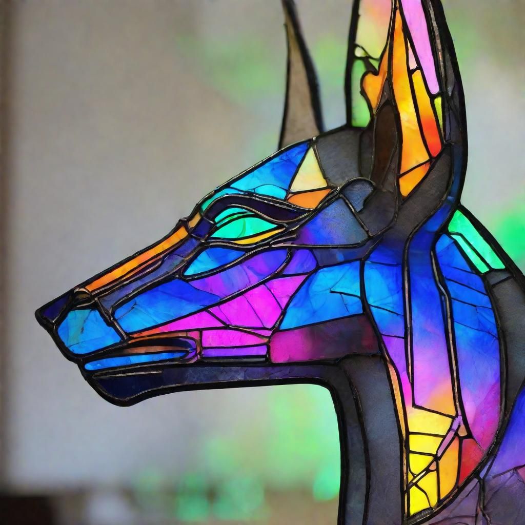 Please Like neon-stained glass ancient Egyptian god Anubis side view of ...