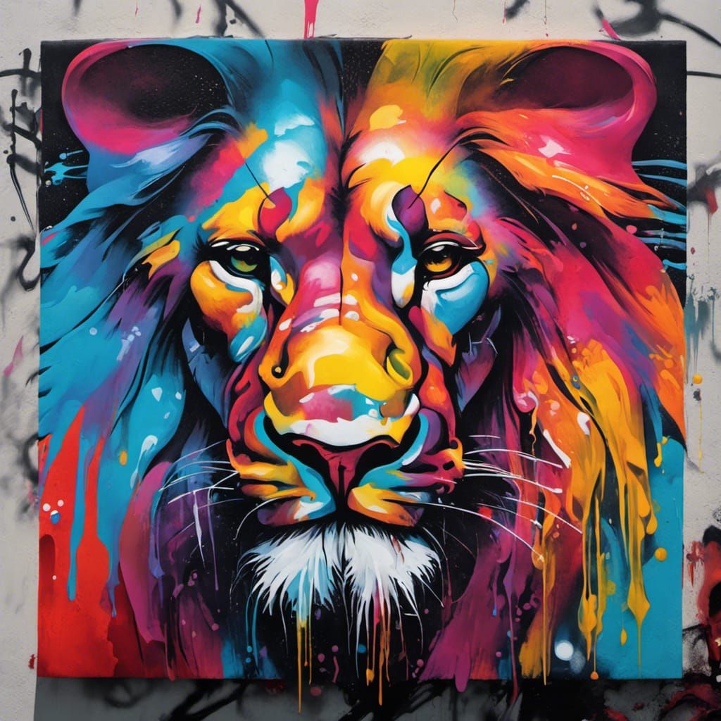 Quintessence lion graffiti art, splash art, street art, spray paint ...