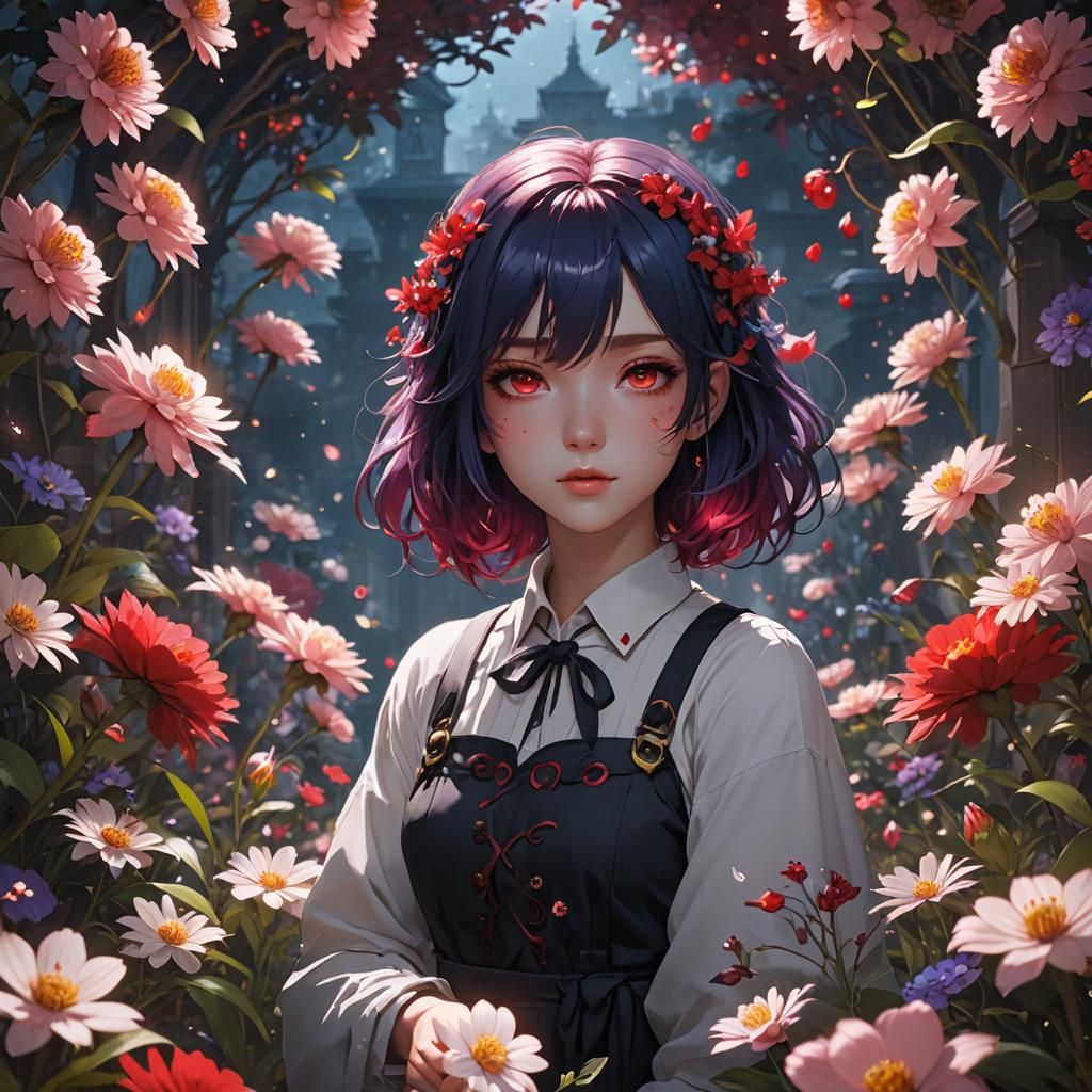 A Girl Surrounded by Flowers - Midnight Ruby - AI Generated Artwork - NightCafe Creator