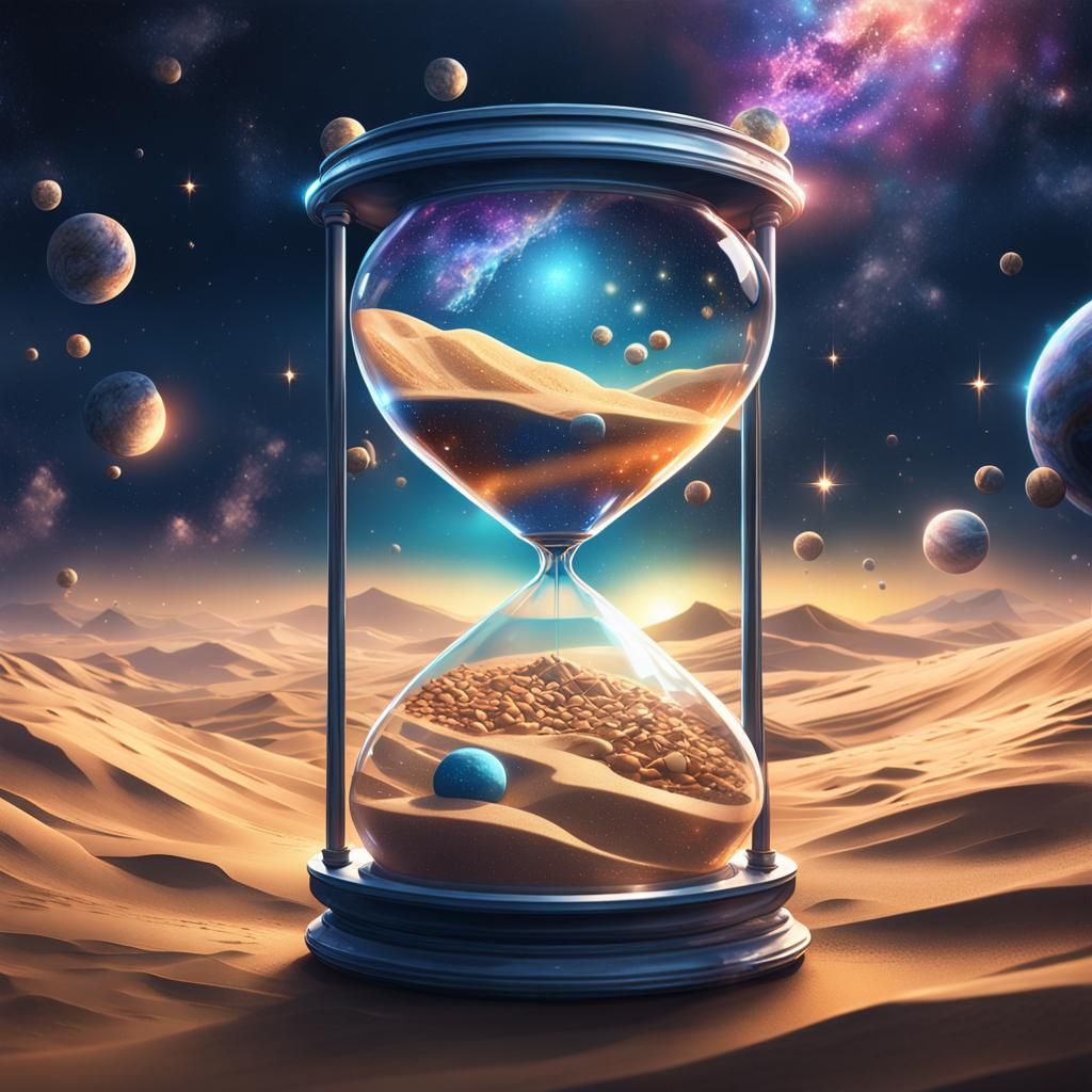 An hourglass floating in outer space and each grain of sand inside of ...