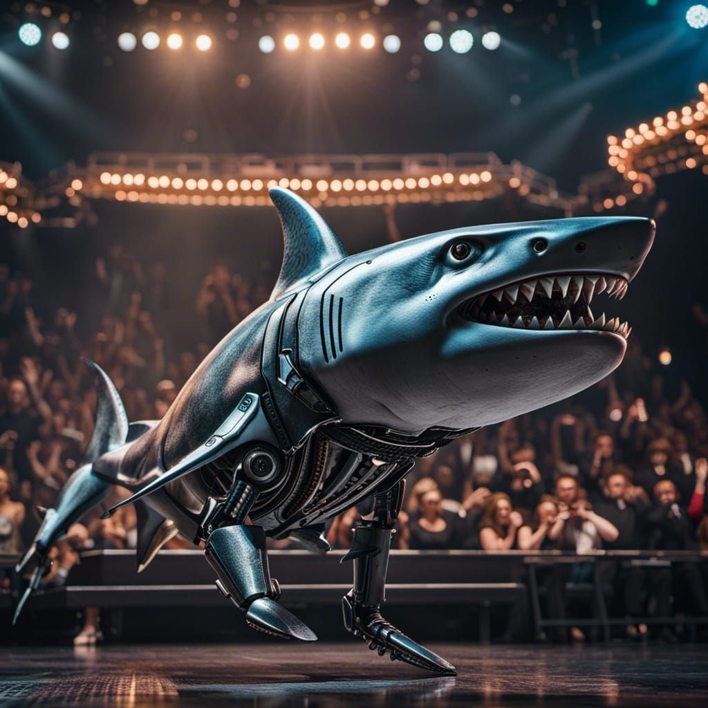 "Robot shark dances on stage." intricate details, HDR, beautifully shot ...