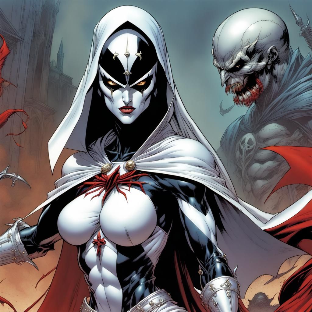 Panoramic fight scene, Warrior Nun Areala as Spawn, 2.0 - AI Generated Artwork - NightCafe Creator