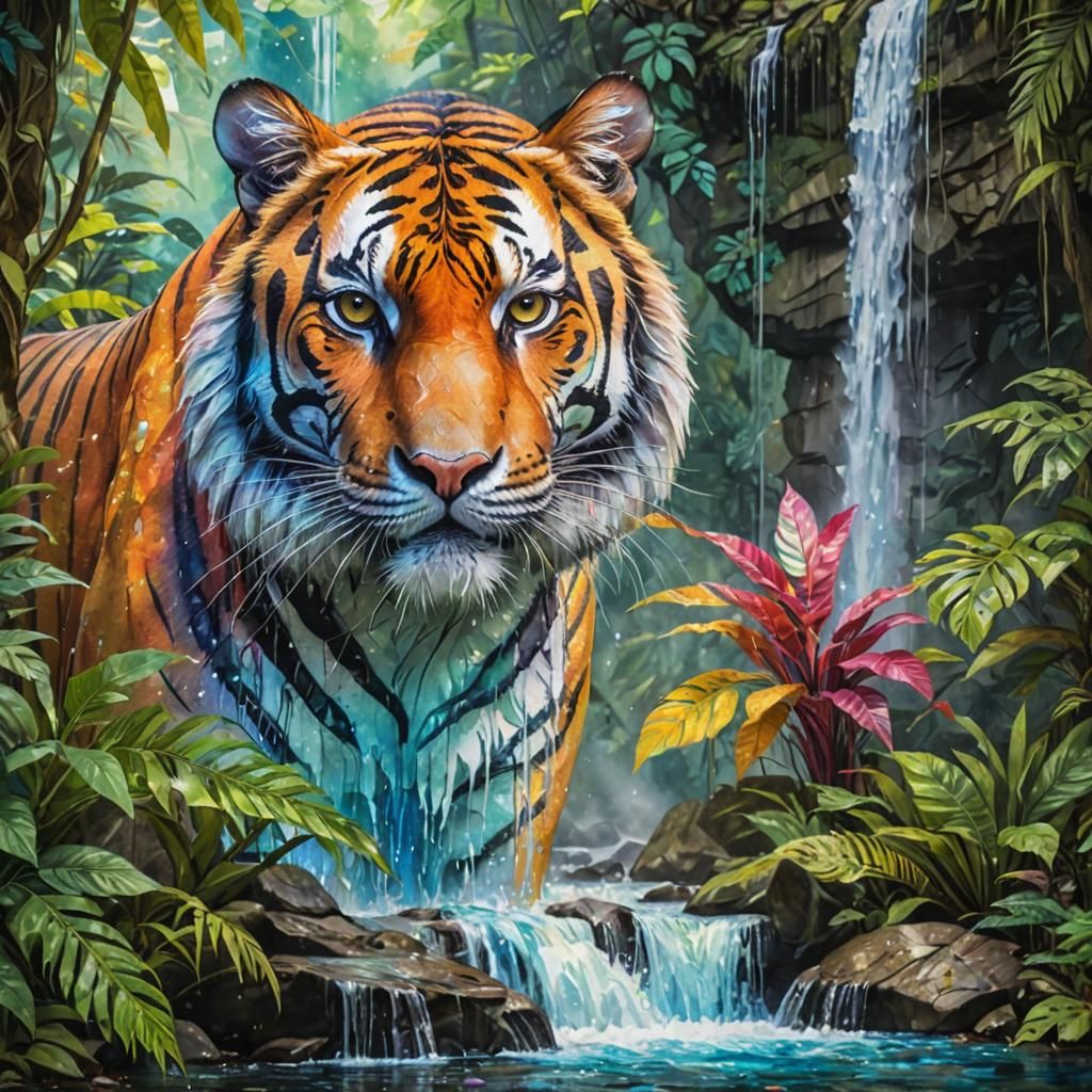 Holographic prismatic poly Tiger near waterfall in the rainforest - AI Generated Artwork ...