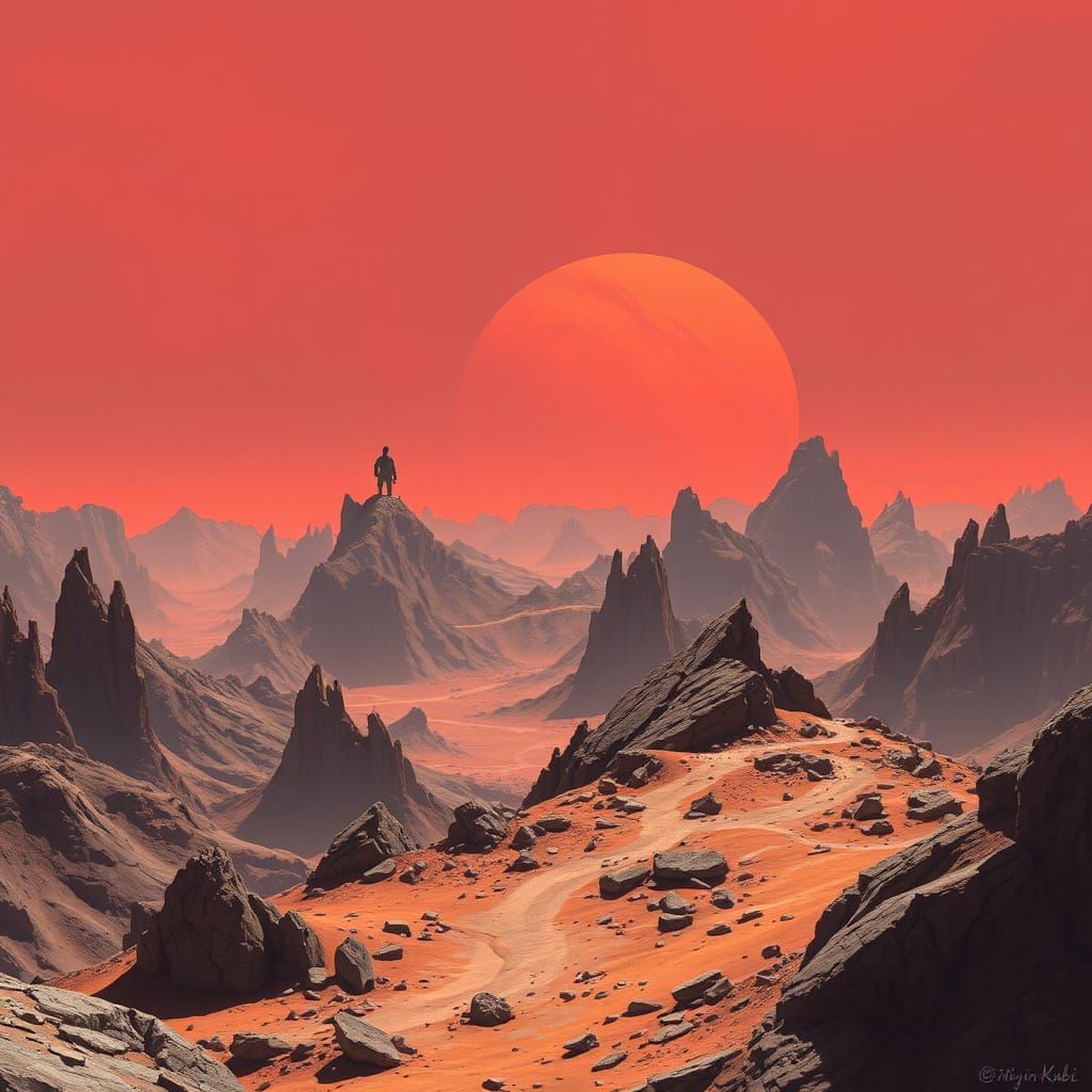 Barren Rocky Planet Landscape with Figure in Dista... - AI Art