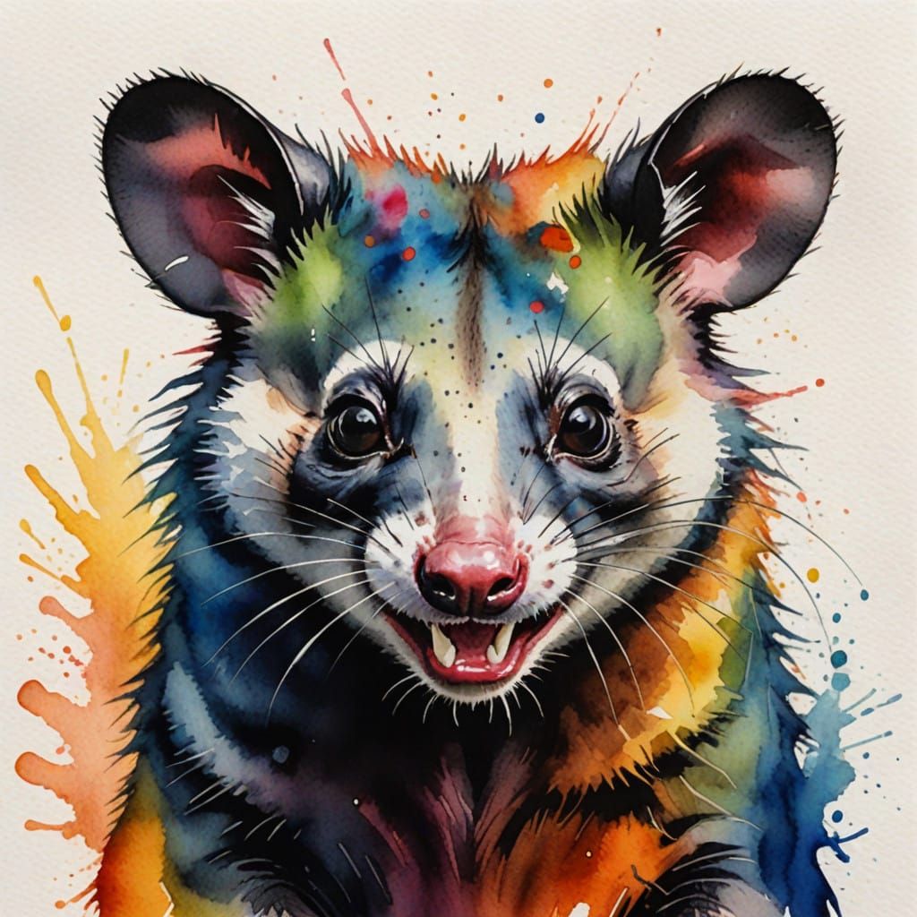 Water color washed out portrait of an opossum , happy crazy expression ...