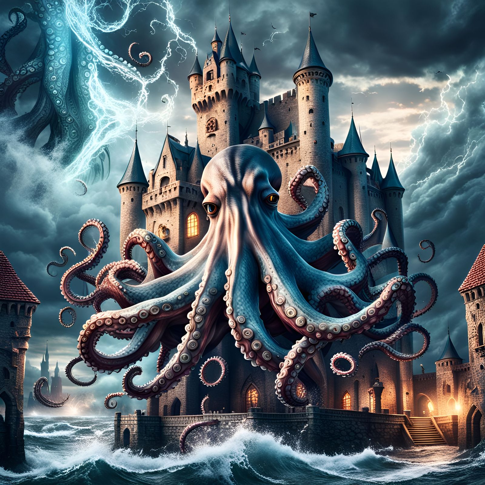 Surreal scene of a giant octopus attacking a medieval castle on a ...