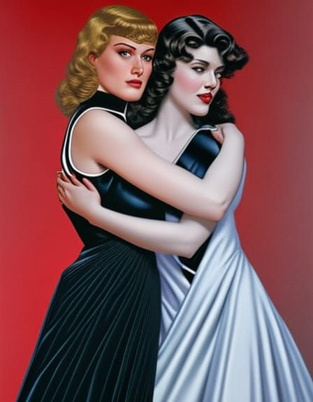 two beautifully elegant women hugging and embracing, in the style of ...