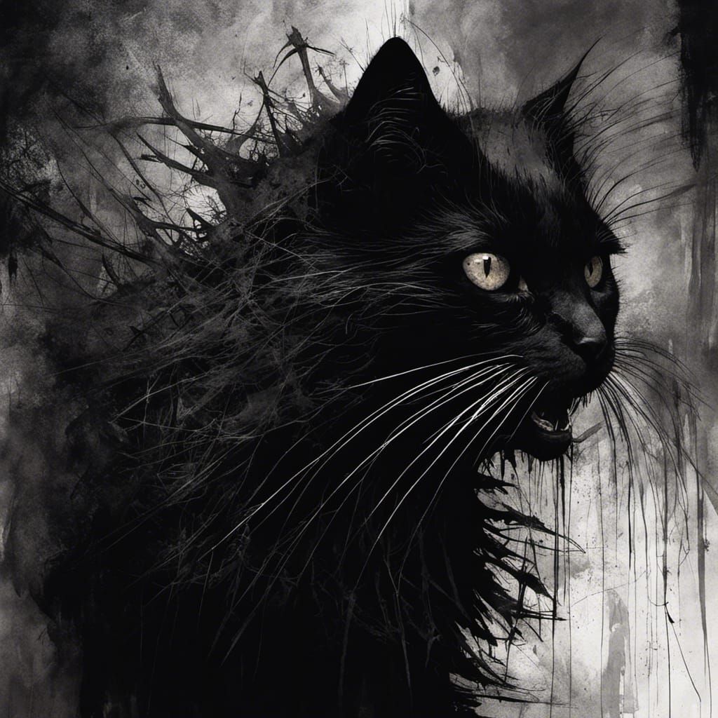 {an adorable sinister black cat with spiky punk fur entangled in ...