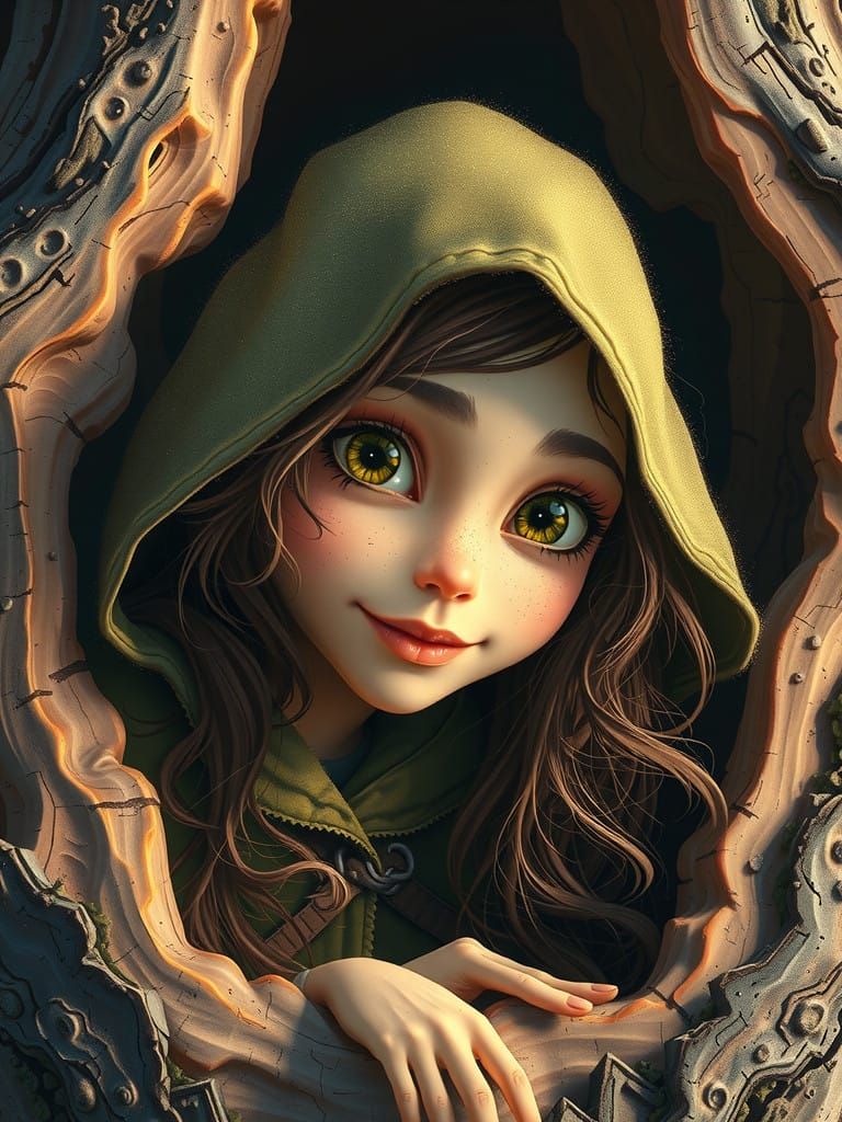 side view from top to bottom, slightly turned head, full body. A bizarre forest goddess peeking ...