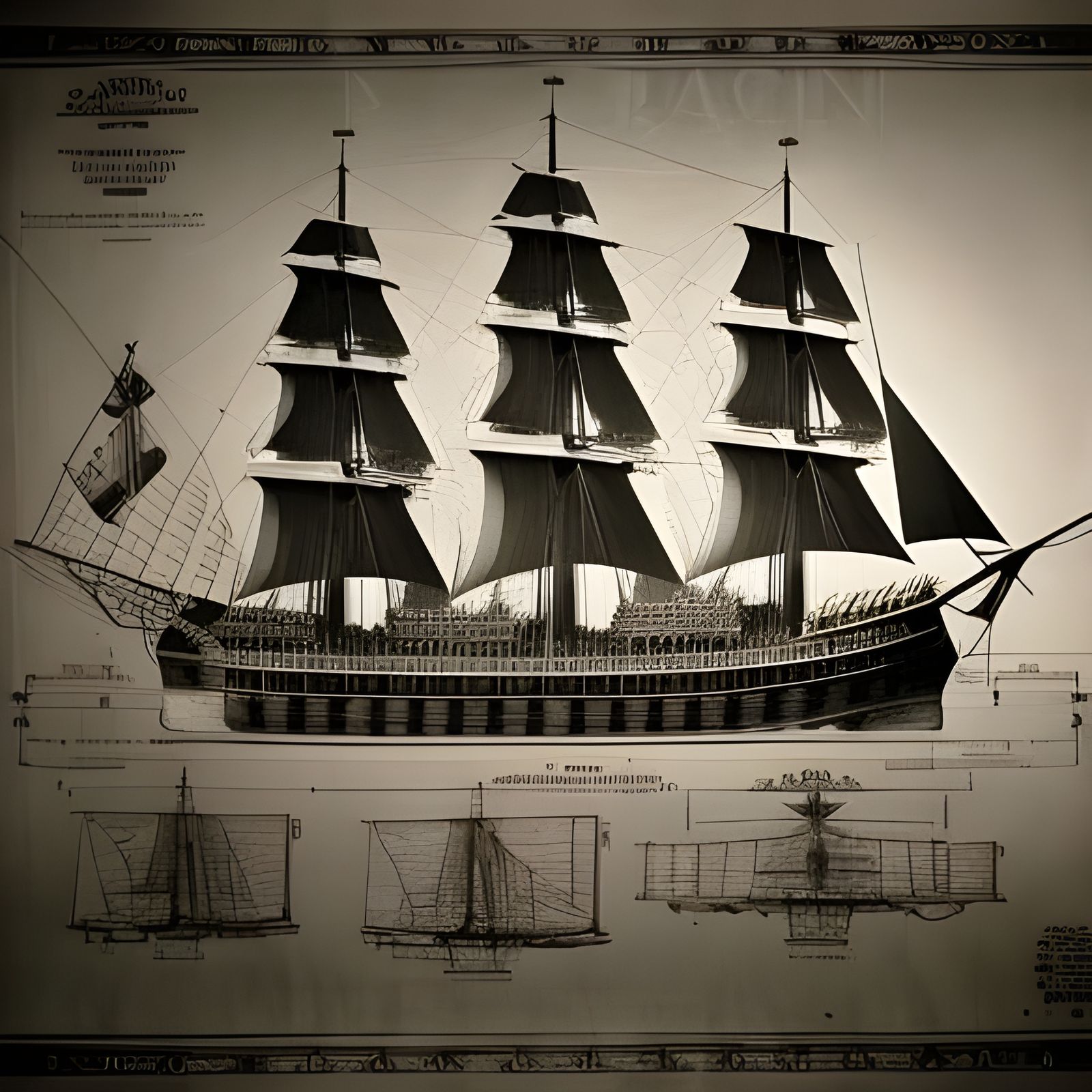 a pirate ship, intricately detailed blueprint of a boat, layout of a huge pirate ship ...