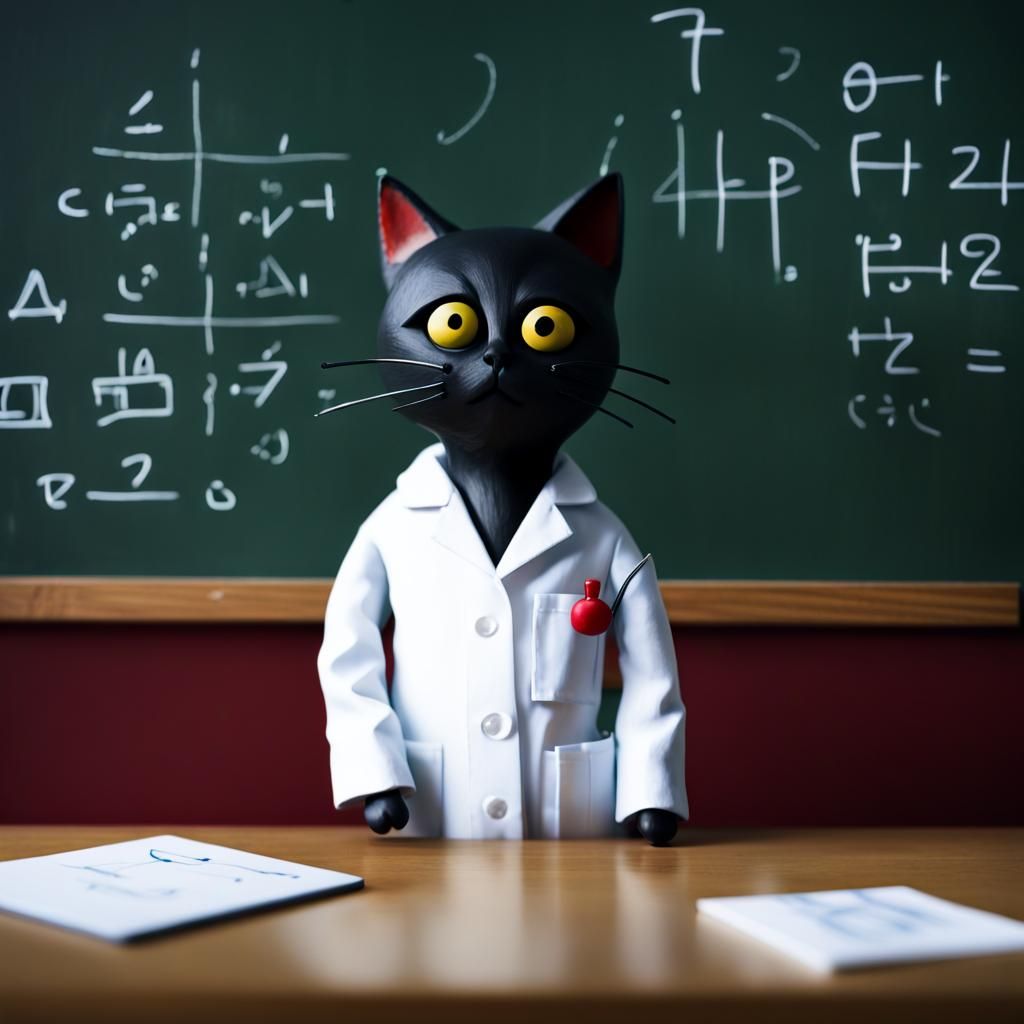 A black cat dressed in a lab coat, chalkboard with equations, by Ismail ...