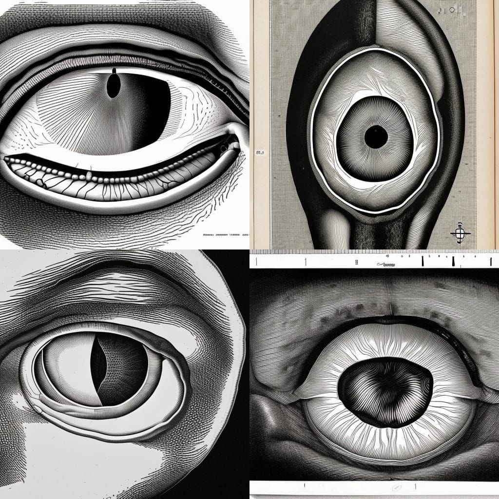 Anatomic view of an eye, medical illustration, wood engraving, finely ...