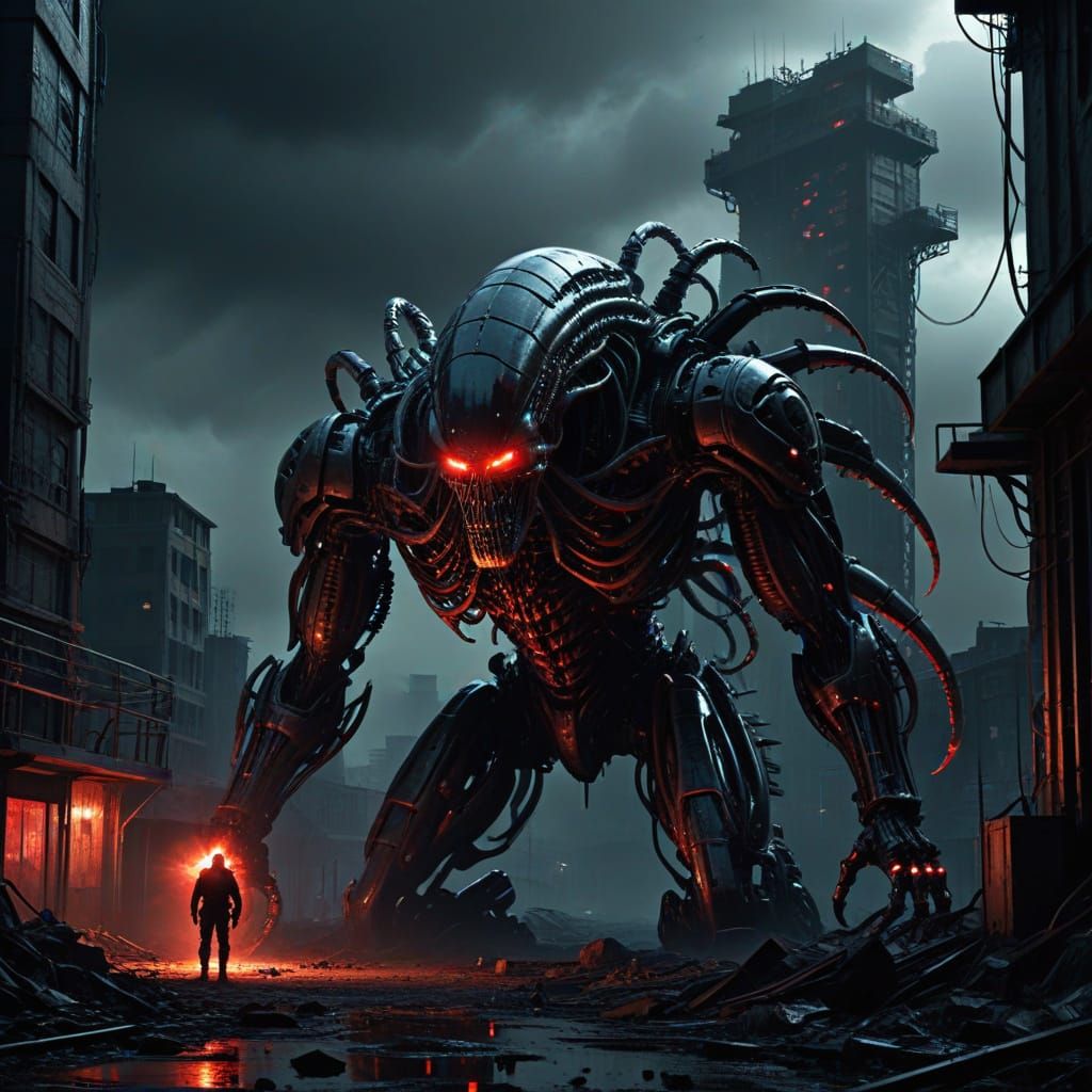 Mechanical Horror: Alien Machine Towers Over Soldi... - AI Art