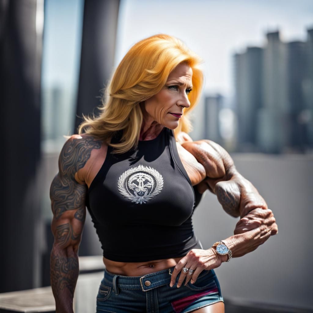 a beautiful female 45 years old body builder, sunny day, short skirt ...