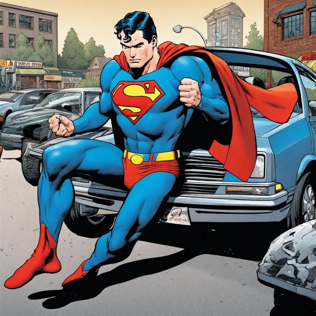 Superman buying a new used car, kicking the tires, breaks the axel - AI ...