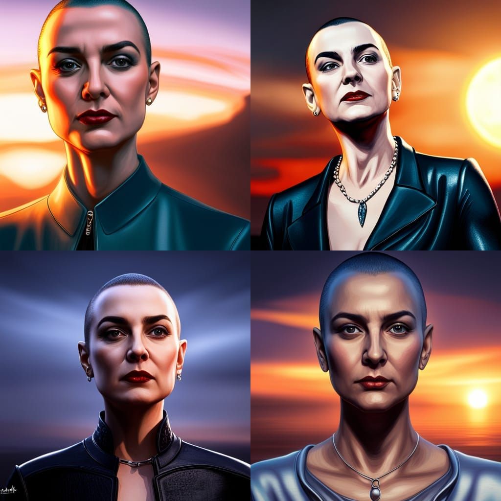 Sinead O'Connor, close up, Photorealistic, Gothic Sunset Background ...