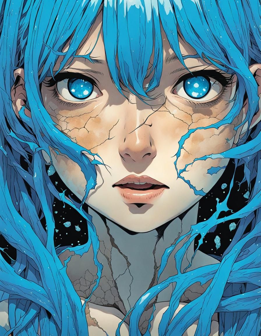 kawaii witch, blue skin, cracked skin, manhwa illustration! (cracked ...