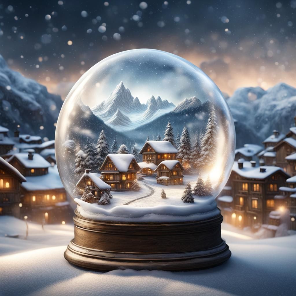 Snow globe enclosing a wonderful mountain village with swirling ...