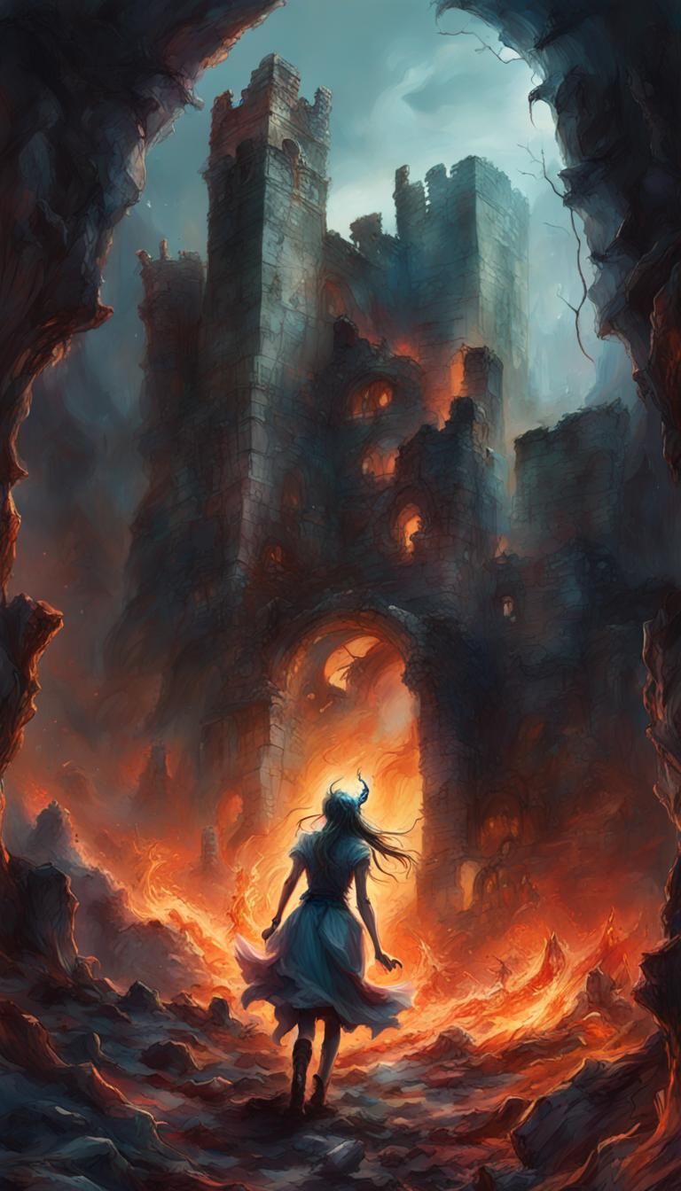 Cyber rabbit girl_coming_out_of_fire_hell_clothes_torn_running_glowing ...