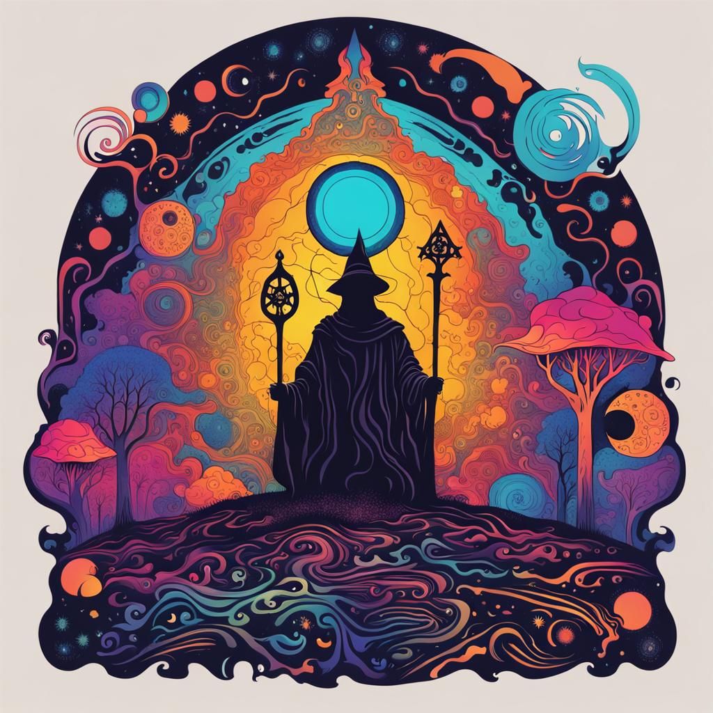 psychedelic colorful silhouette psychic necromancer medieval dark ...