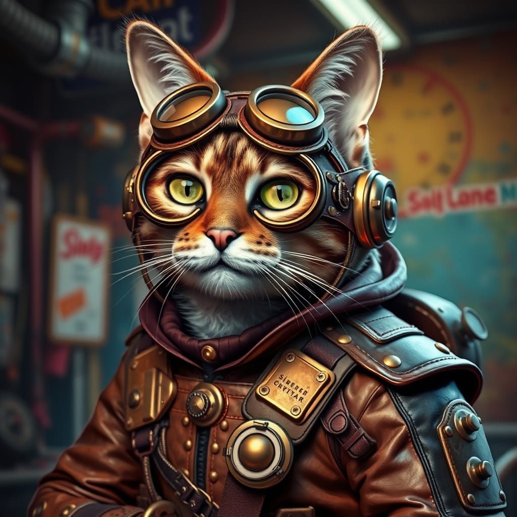 Steampunk Feline Aviator in Brass Exosuit - AI Art