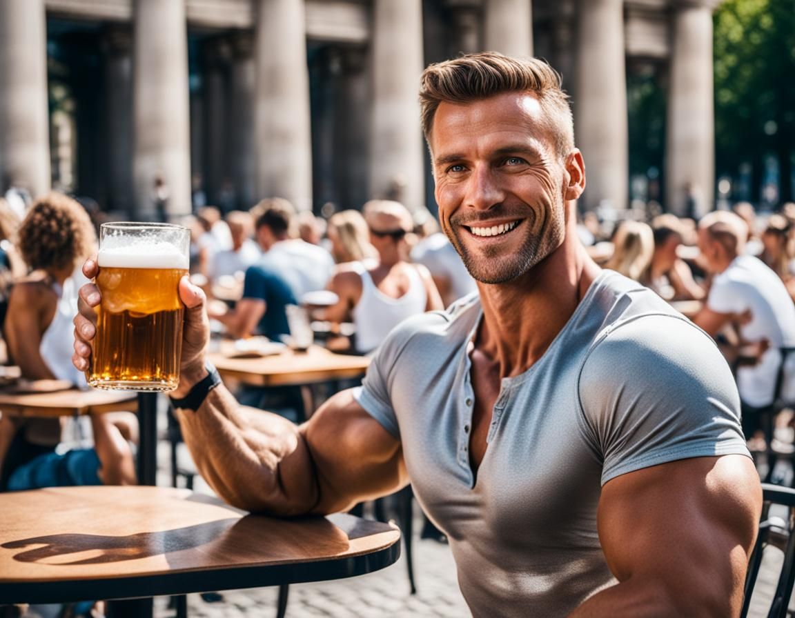 Muscular german man sitting outside a cafe in berlin, drinking beer ...