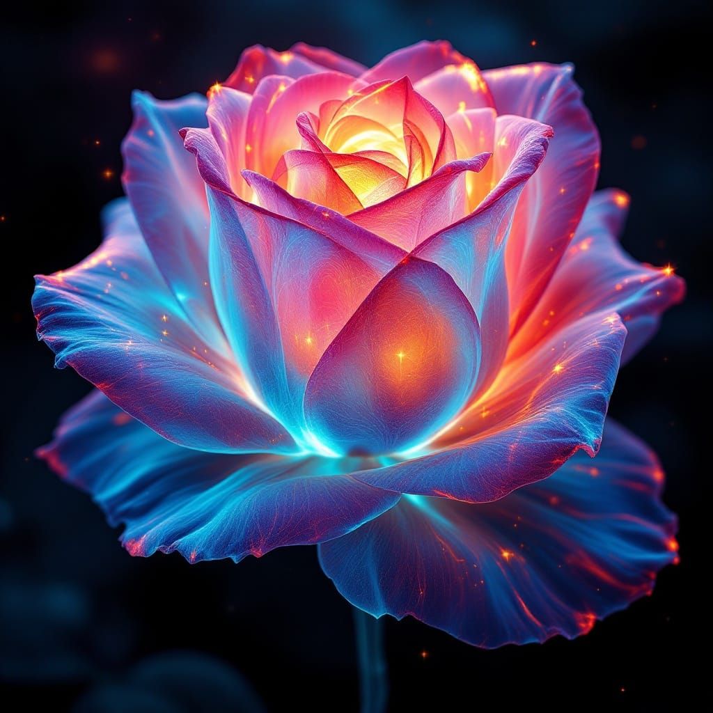[Rose] depicted as a Solarized X-Ray Bloom, where the internal structure is revealed through ...