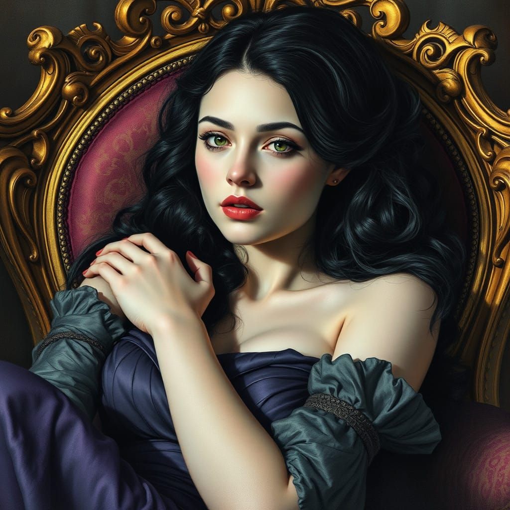 Here is the rewritten prompt: Raven-haired artist's model with ...