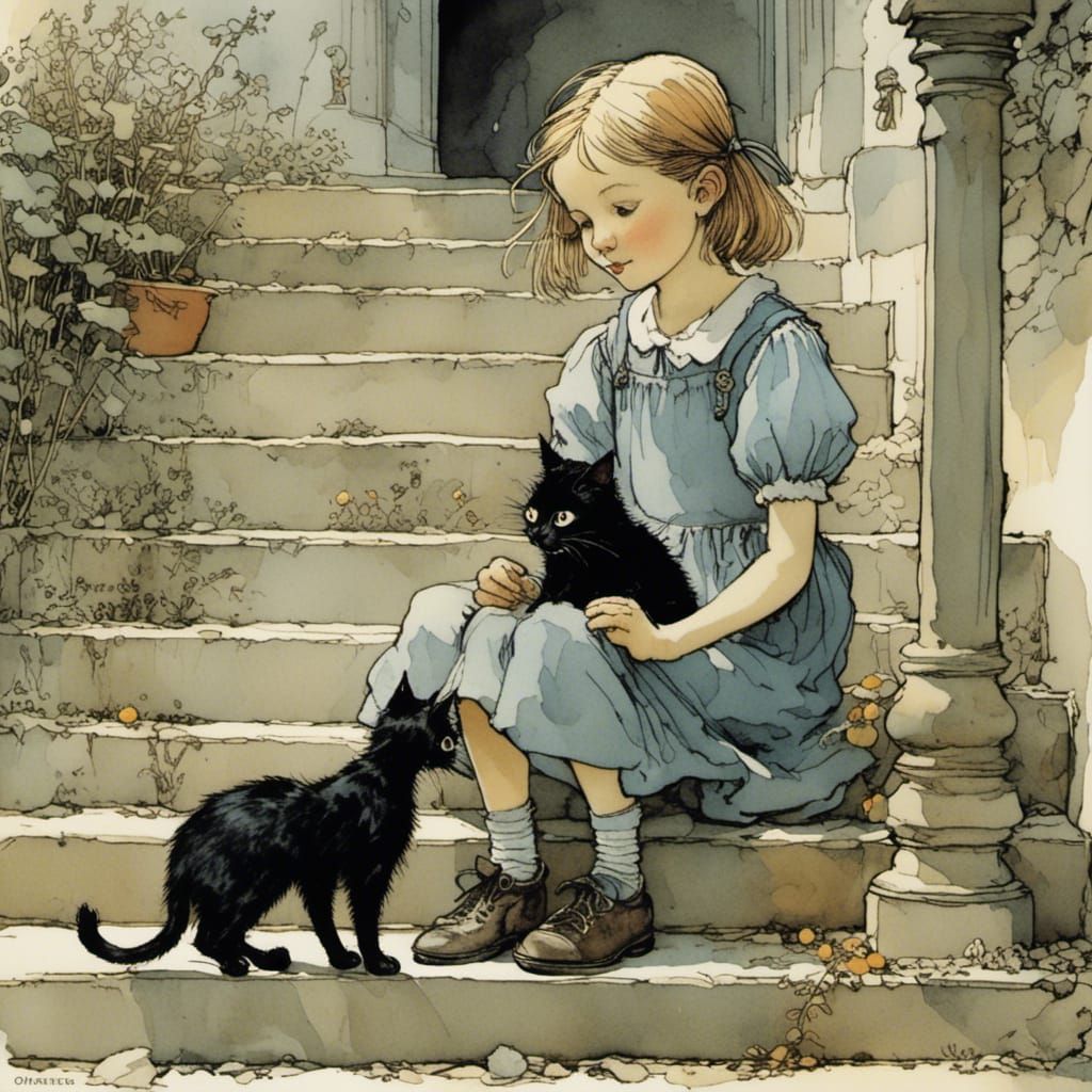 little cute girl sits on the steps and strokes a black cat, by Quentin ...