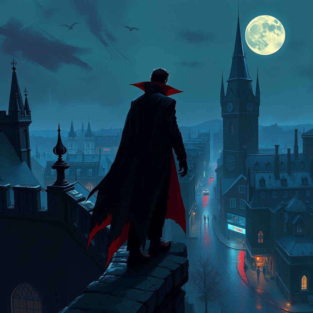 Dark Fantasy Vampire Stands on Gothic Castle Battl... - AI Art