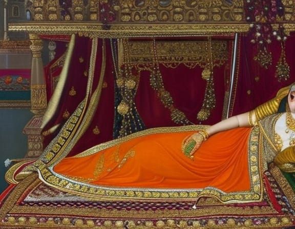 16k resolution, Indian maharani draped in a richly embroidered saree ...