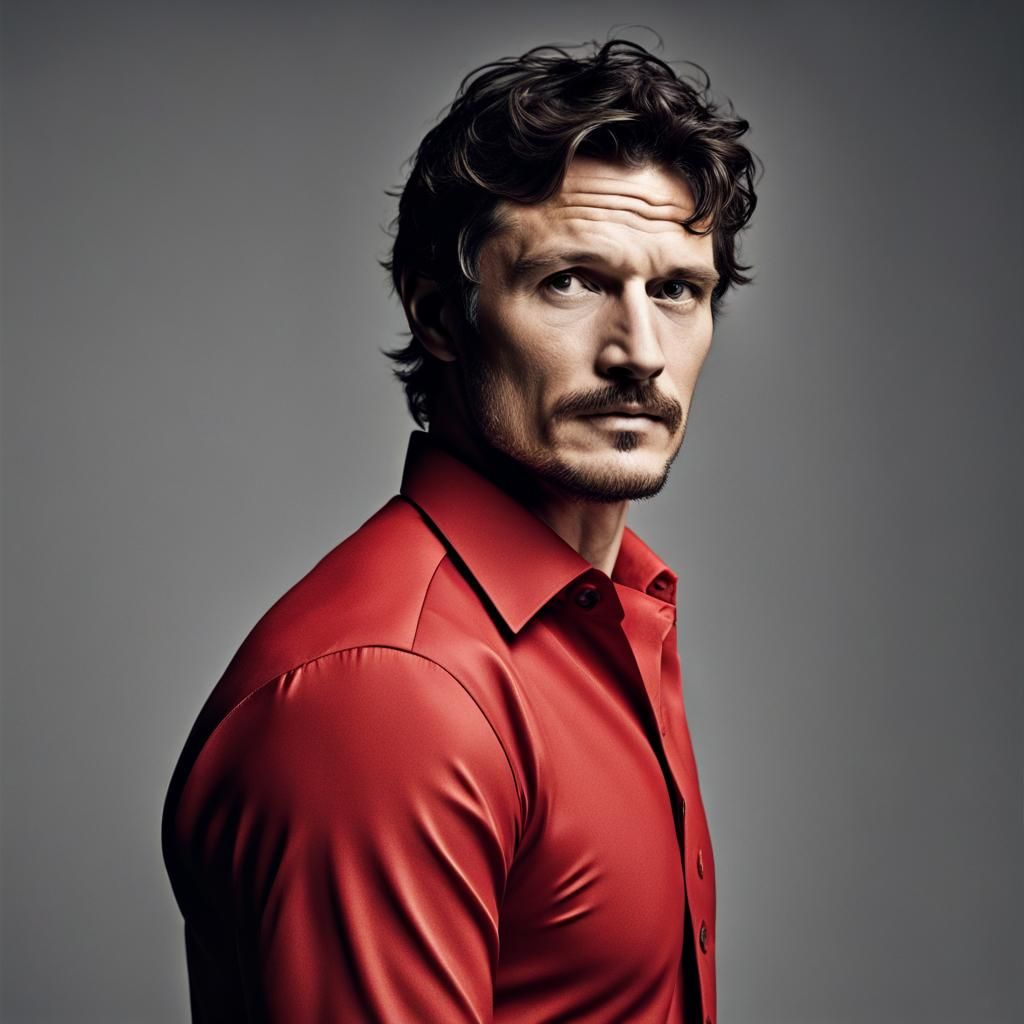 portrait Pedro Pascal with red shirt photo style selective color 3 - AI ...