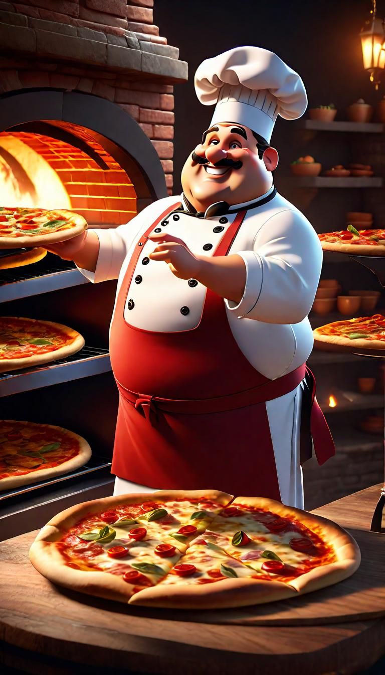 (Fat Italian chef tossing pizza crust:1.3) in front of brick oven ...