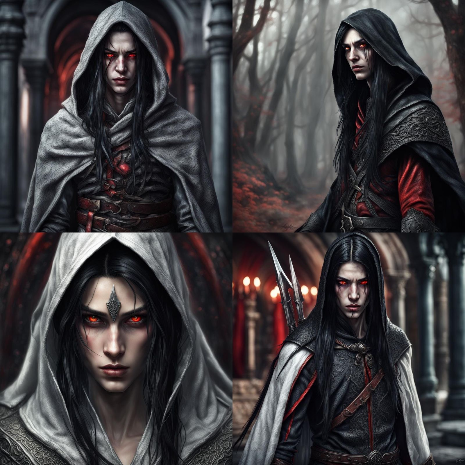 assasin cloaked red eyes elf long black hair bleak facial expression no ...
