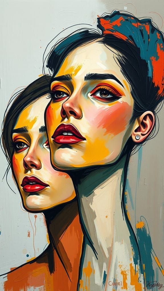 Portrait 3,women in one face - Abstract Expressionist Face,