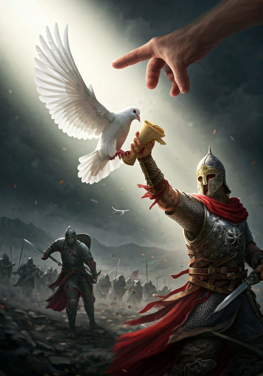 Warrior's Fierce Pursuit of the Dove - AI Art