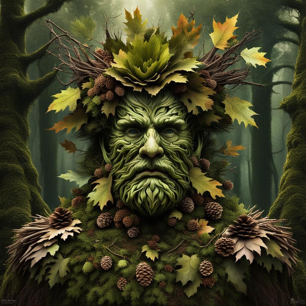 iconic Green Man, made from twigs, leaves, pine cones an... - AI ...